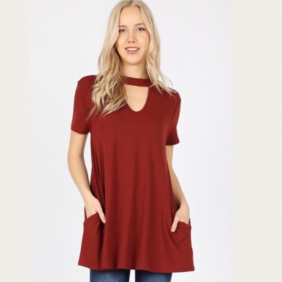 Zenana Outfitters | Tops | Brick Red Choker Neck Short Sleeve Tunic Top ...